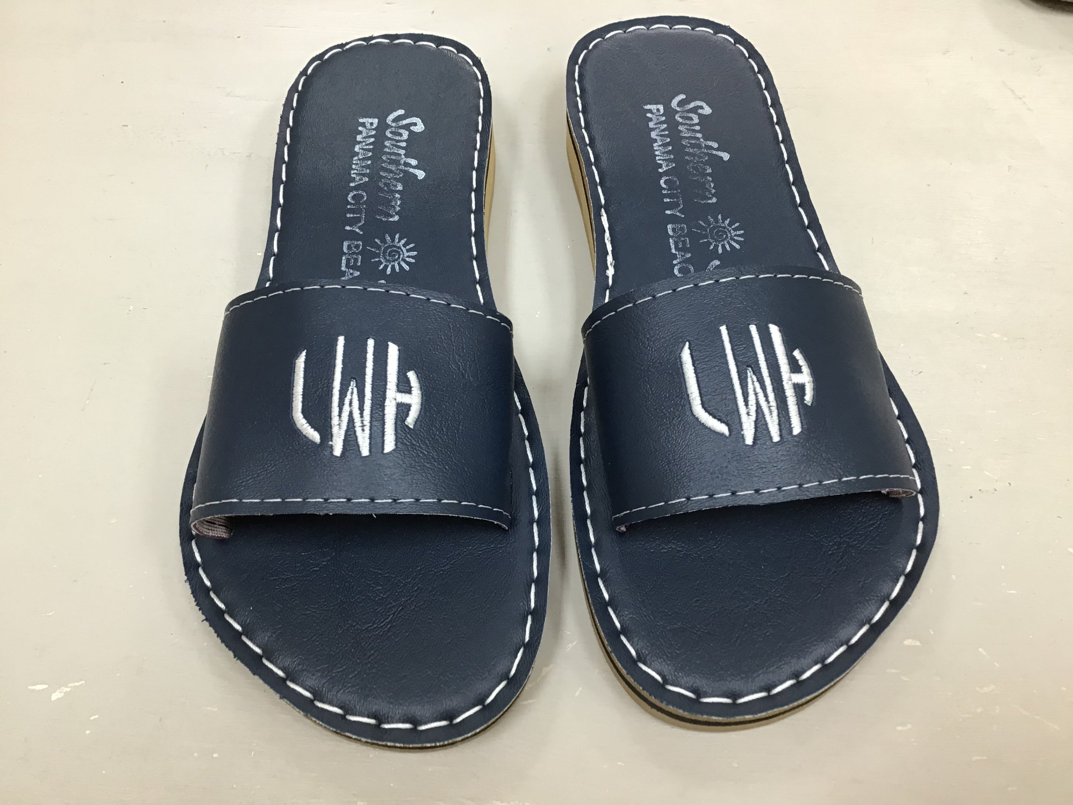 Navy slide strap on Navy footbed with Block Monogram | Gulf Coast ...